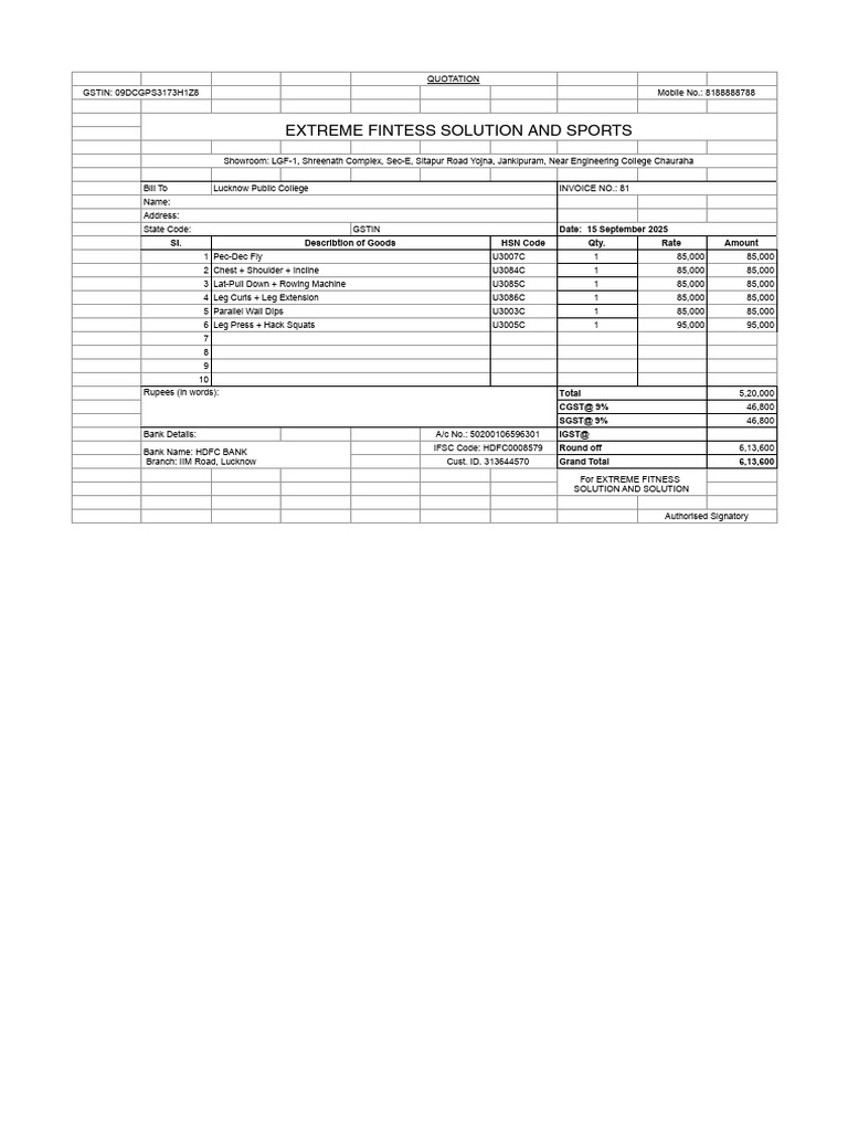 Quotation Extreme Fitness - Sheet1 | PDF | Economy Of India | Taxation