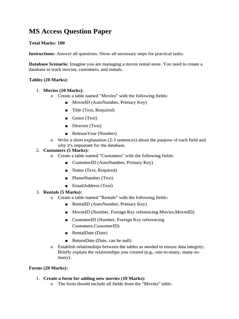 MS Access Question Paper | PDF | Computer Data | Data Management Software