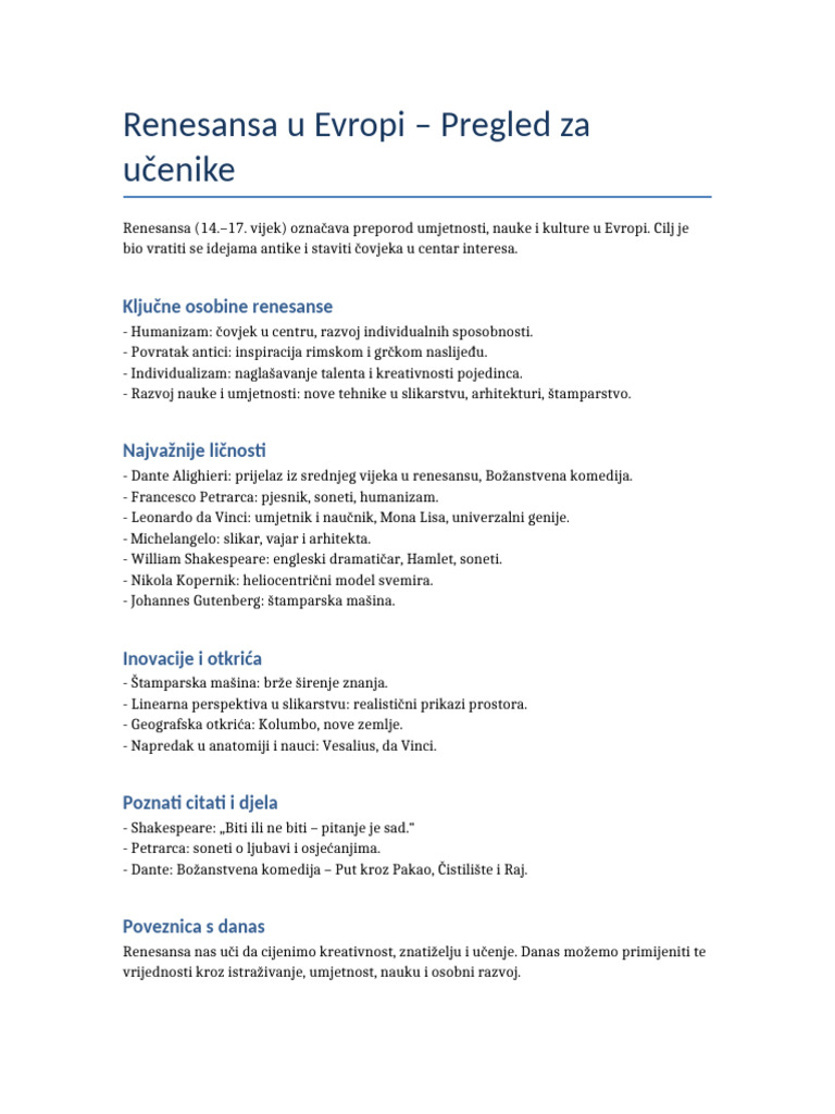 Pregled Renesansa Za Ucenike | PDF