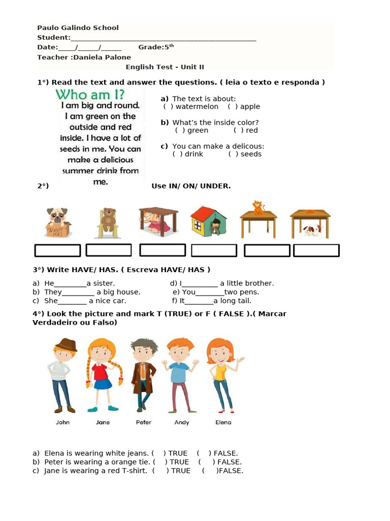5th Grade English Test Template | PDF