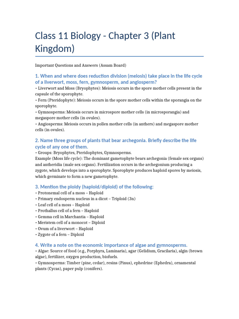 Class11 Biology Ch3 PlantKingdom QA | PDF | Spore | Ploidy