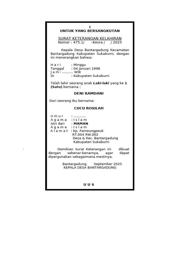 Surat Keterangan Kelahiran Deni Ramdani | PDF