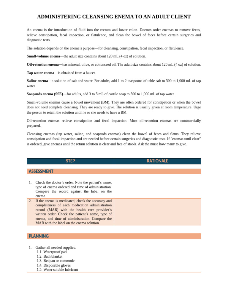 Administering Cleansing Enema To An Adult Client | PDF | Constipation ...