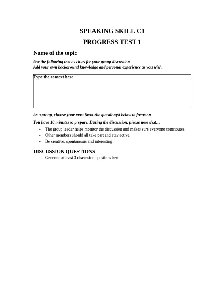 Speaking Skill C1 Progress Test 1 Question Template | PDF