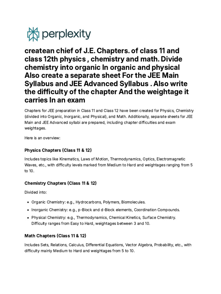 JEE Class 11 & 12 Chapter Guide | PDF | Organic Chemistry | Chemistry