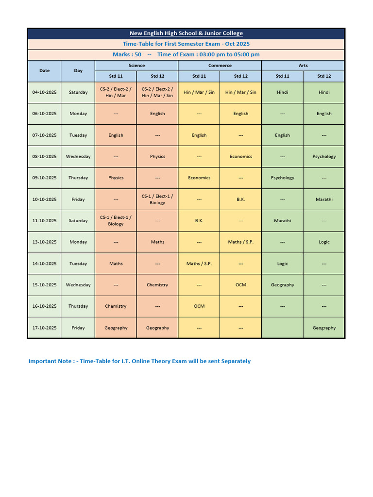 First Semester Exam Time-Table Oct 2025 | PDF