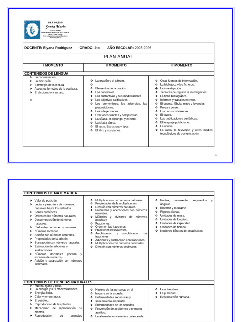 Plan Anual 4to Grado 2024-2025 | PDF