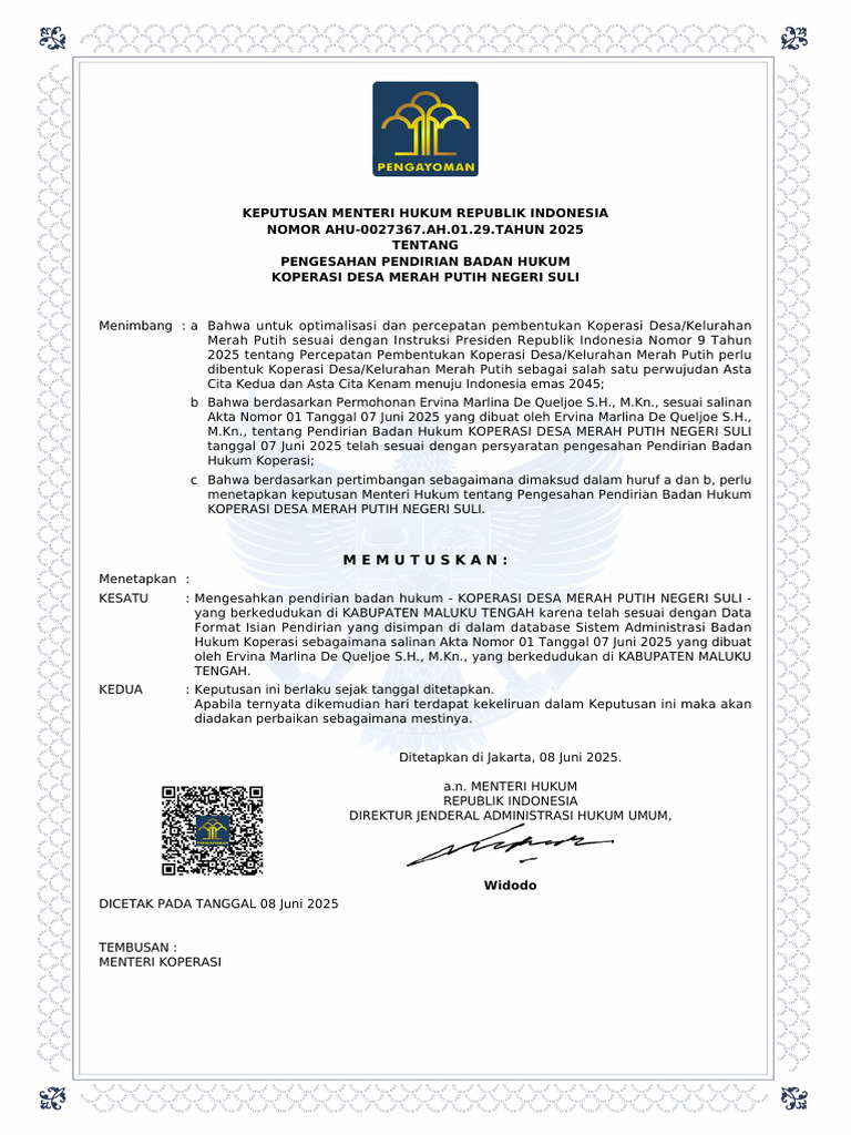 SK Pendirian - Koperasi Desa Merah Putih Negeri Suli | PDF