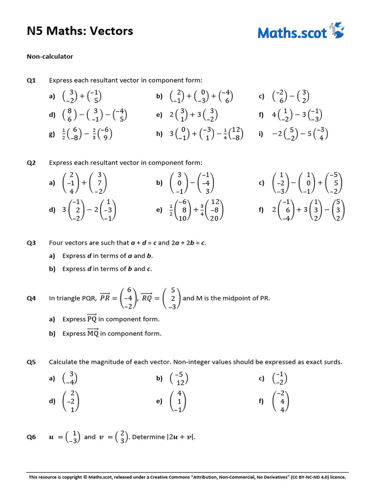 Nat5 Maths Vectors Worksheet | PDF | Algebra