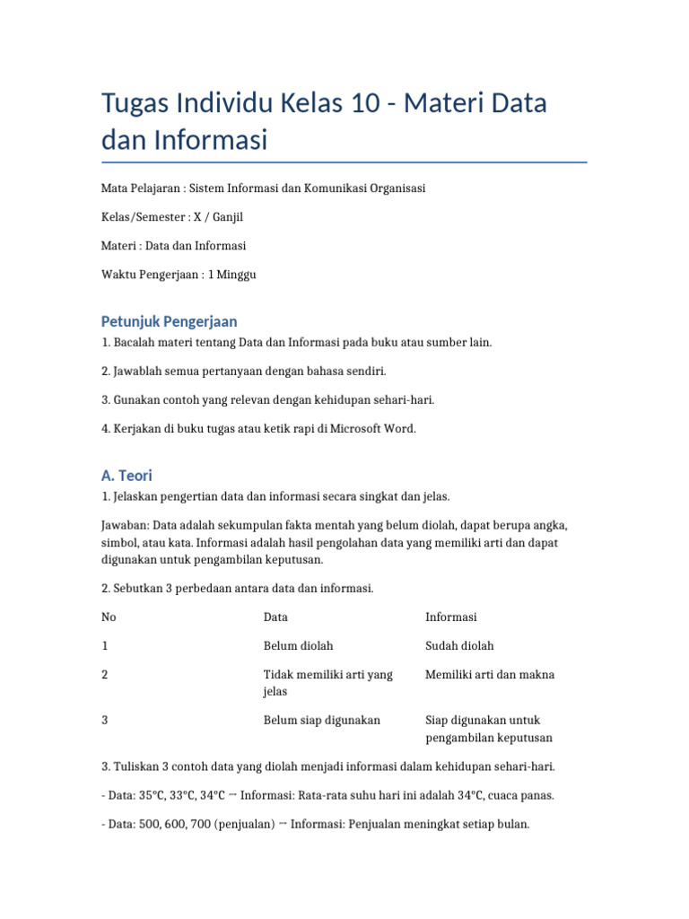 Tugas Data dan Informasi Kelas 10 | PDF