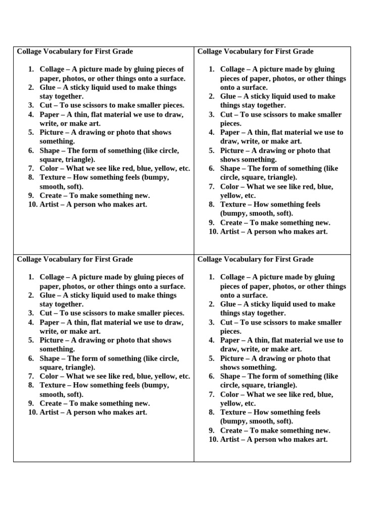 Collage Vocabulary For First Grade | PDF | Collage | Composition ...