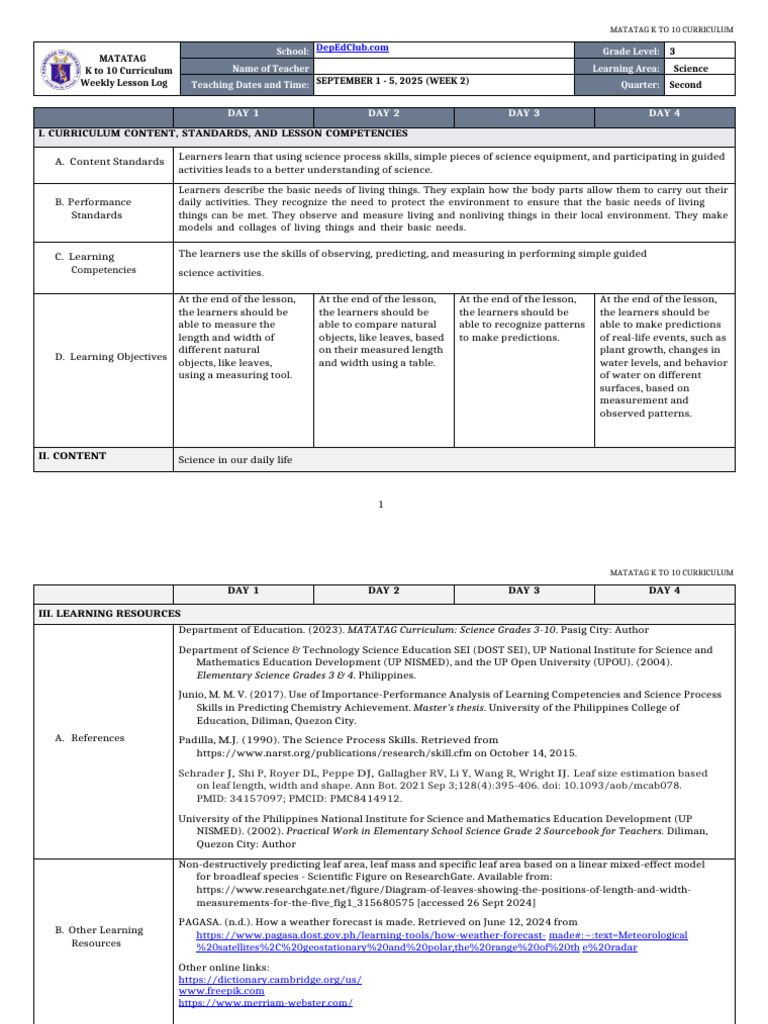 Science 3 Q2 Week 2 Lesson Plan | PDF | Learning | Leaf