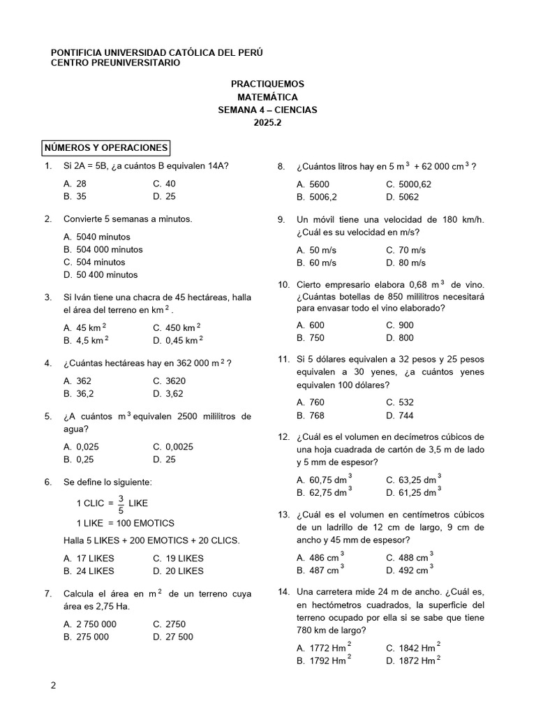 Practiquemos Semana 4 2025.2 CC | PDF | Litro | Unidades de medida
