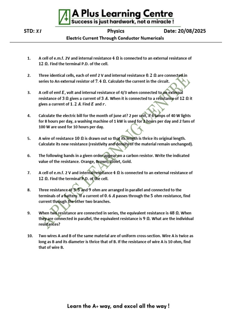 Electric Current Through Conductor Numericals | PDF