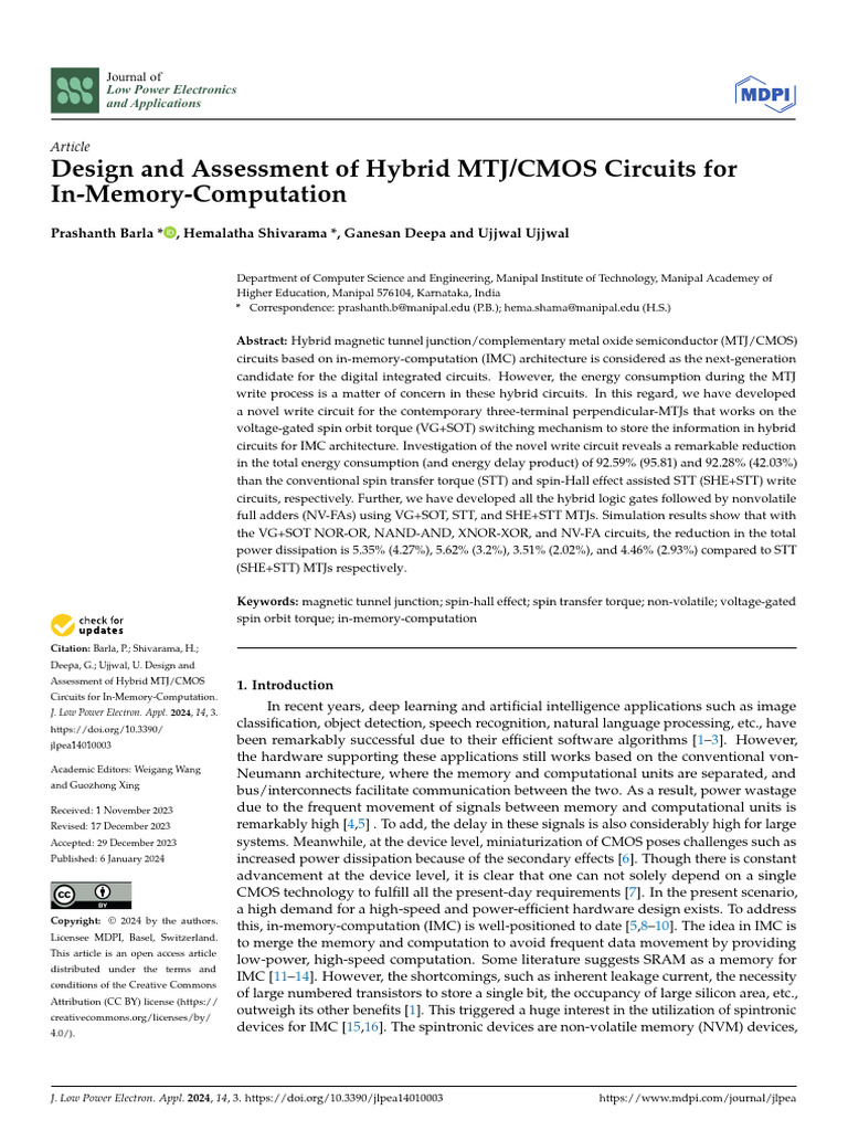 Design and Assessment of Hybrid MTJ - CMOS Circuits For in-Memory ...