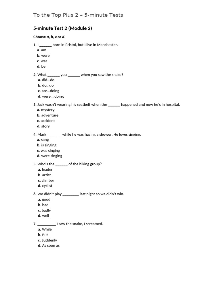 To the Top Plus 2: 5-Minute Tests | PDF