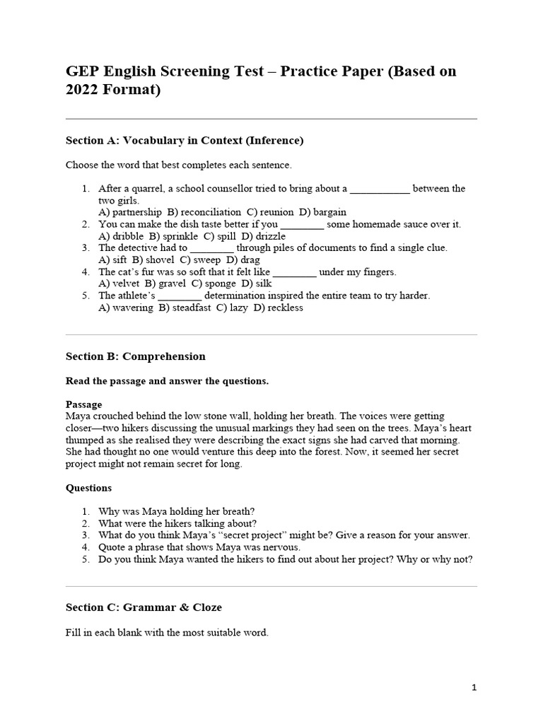GEP English Screening Test Practice Paper | PDF