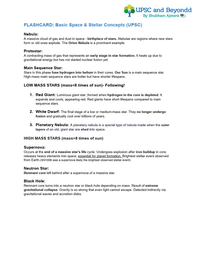FLASHCARD - Basic Space & Stellar Concepts (UPSC) | PDF | Stars | Planets