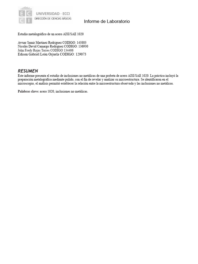 Estudio de Inclusiones en Acero AISI 1020 | PDF | Acero | Microestructura