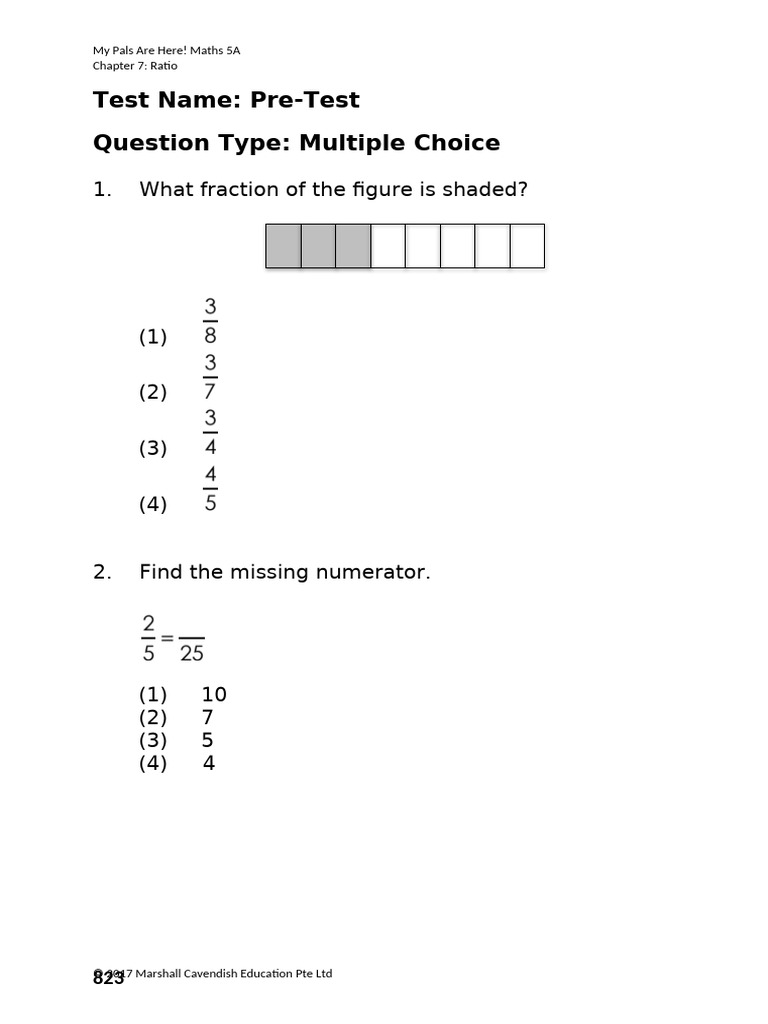 Maths 5A Ratio Pre-Test Questions | PDF
