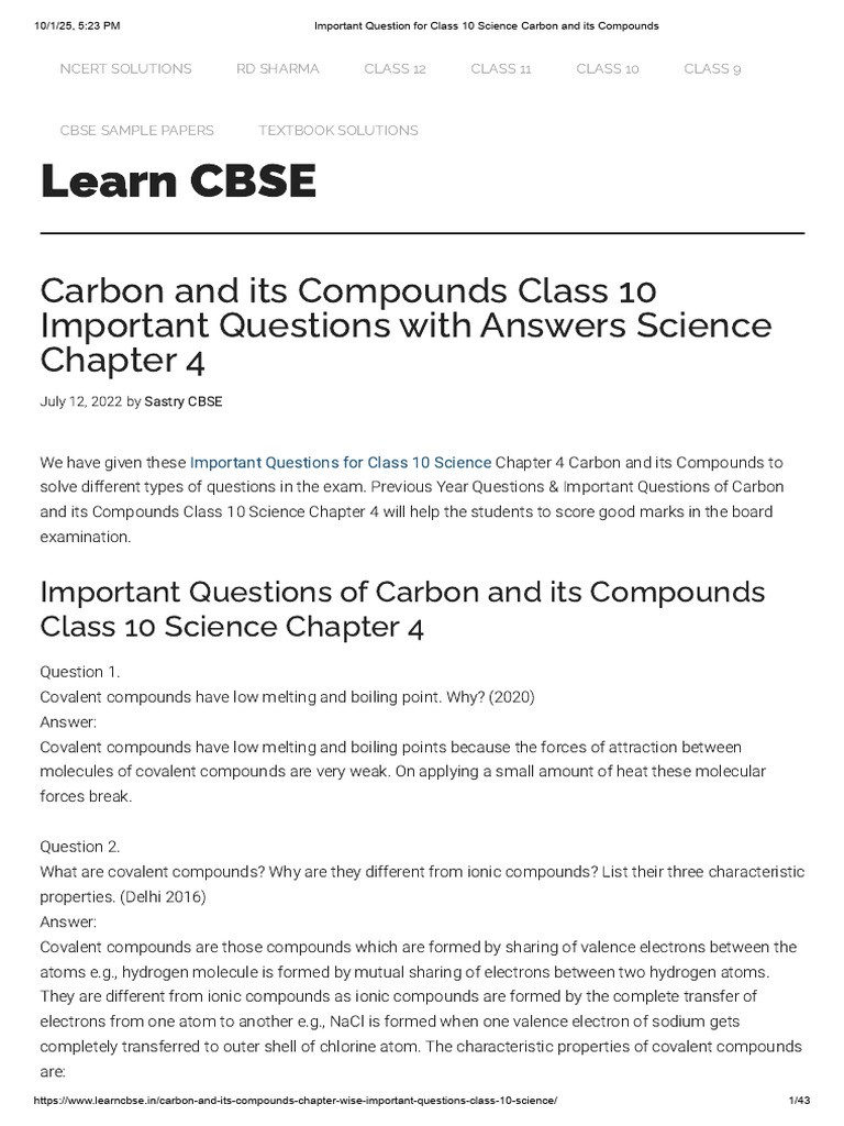 Important Questions on Carbon Compounds | PDF | Ester | Chemical Bond