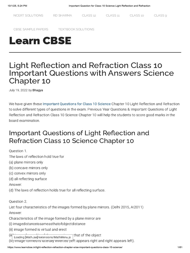 Important Question For Class 10 Science Light Reflection and Refraction | PDF | Mirror | Applied ...