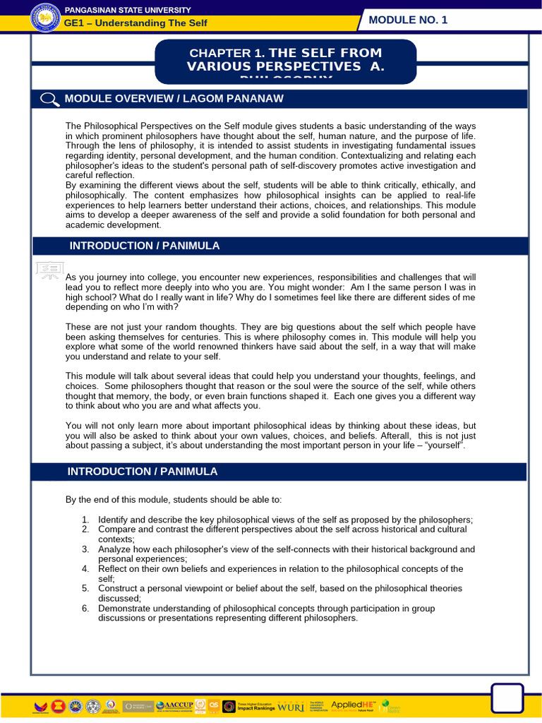 GE1 UTS Module 1 The Self From Varies Perspective A. Philosophy Student ...