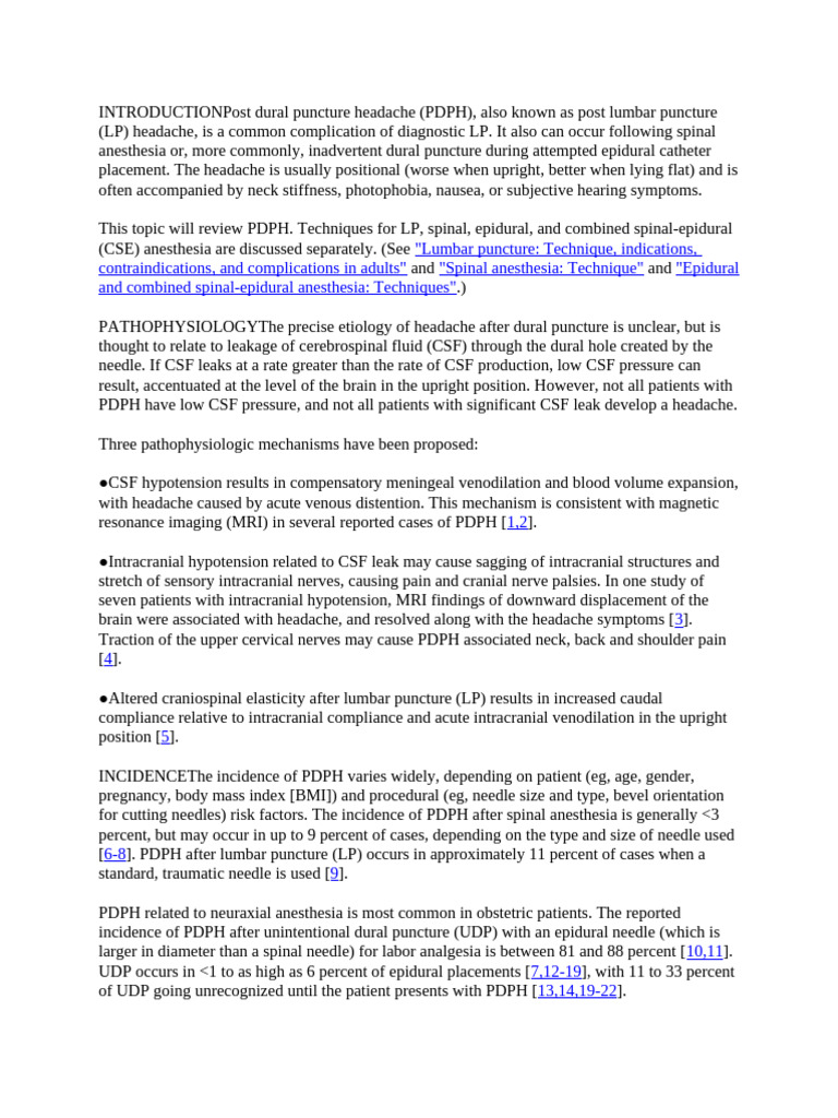 INTRODUCTIONPost Dural Puncture Headache | PDF | Cerebrospinal Fluid ...