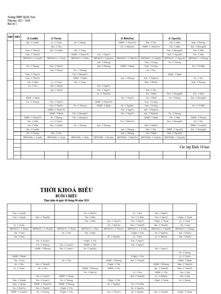 TKB Ky 1.1 Nam 25-26 HS Chiều | PDF
