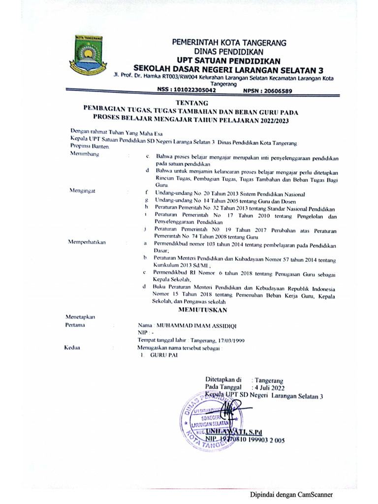 SK Pengangkatan Guru Imam | PDF