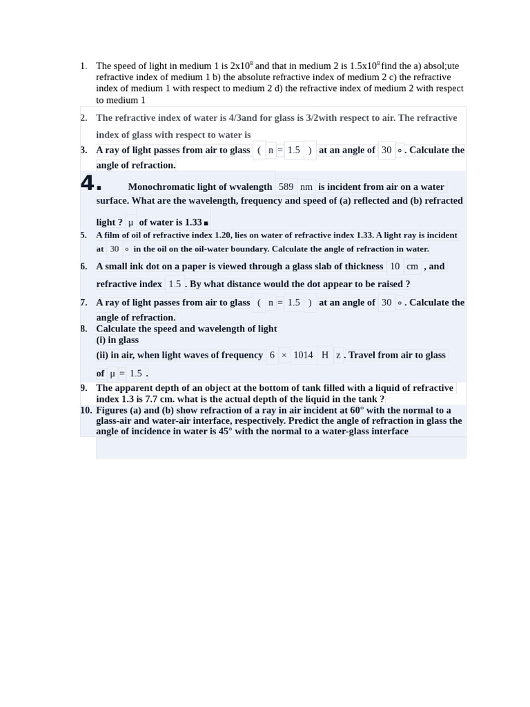 Refractive Index Worksheet | PDF