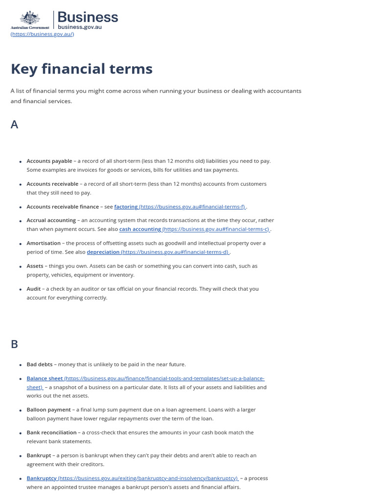 Key Financial Terms - Business - Gov.au | PDF | Credit | Finance ...