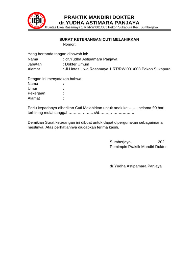 Surat Cuti Melahirkan Dokter Umum | PDF