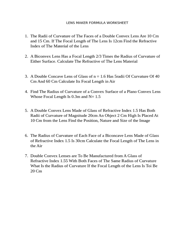 Lens Maker Formula Worksheet | PDF