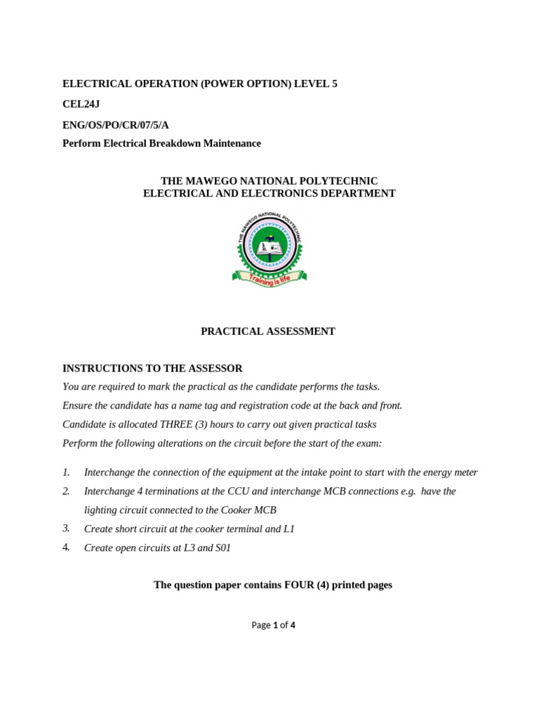 Assessor Observation CHECKLIST Perform Electrical Breakdown Maintenance | PDF | Electrical ...