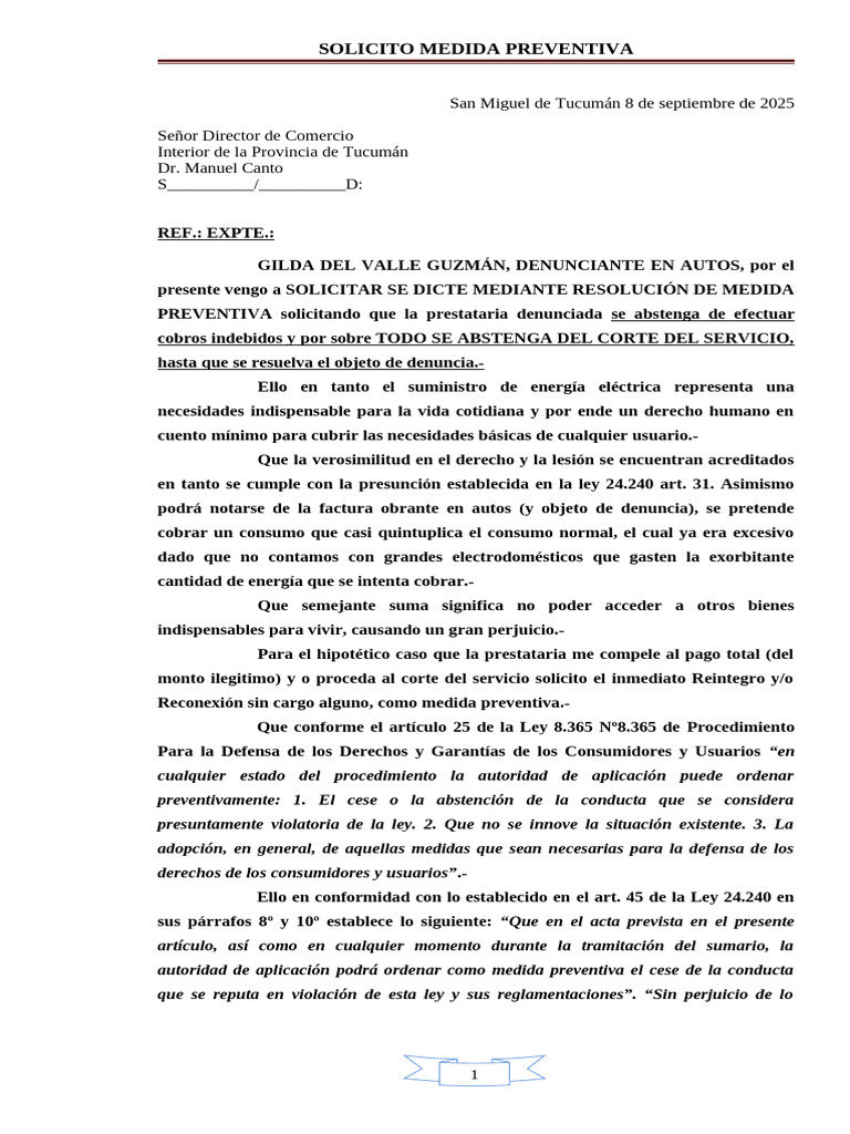 SOLICITO MEDIDA PREVENTIVA - GILDA GUZMAN - EDET - Ultimo | PDF ...