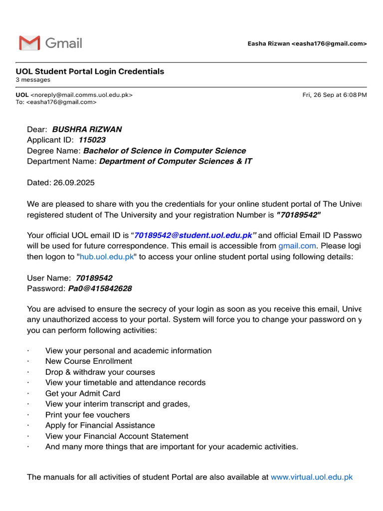 UOL Student Portal Login Credentials | PDF | Login | Password