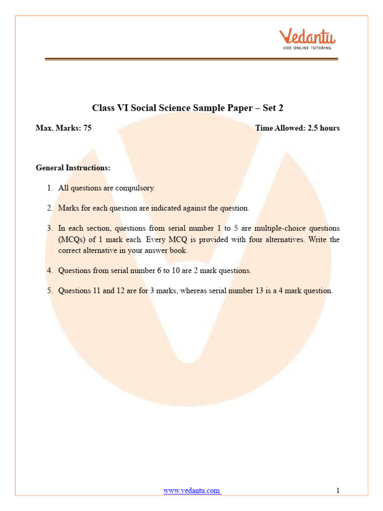 CBSE Class 6 Social Science Sample Paper Set 2 (2024-25) PDF | PDF