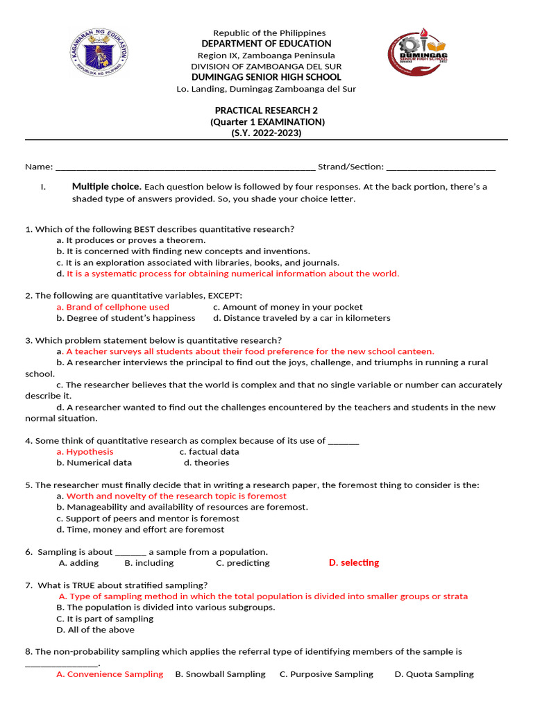 PR2 - 1st Quarter Exam Answer Key | PDF | Sampling (Statistics) | Mathematics