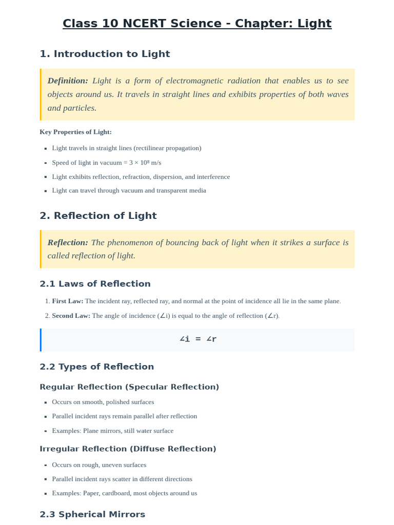 Class 10 NCERT Science - Chapter: Light | PDF | Reflection (Physics ...