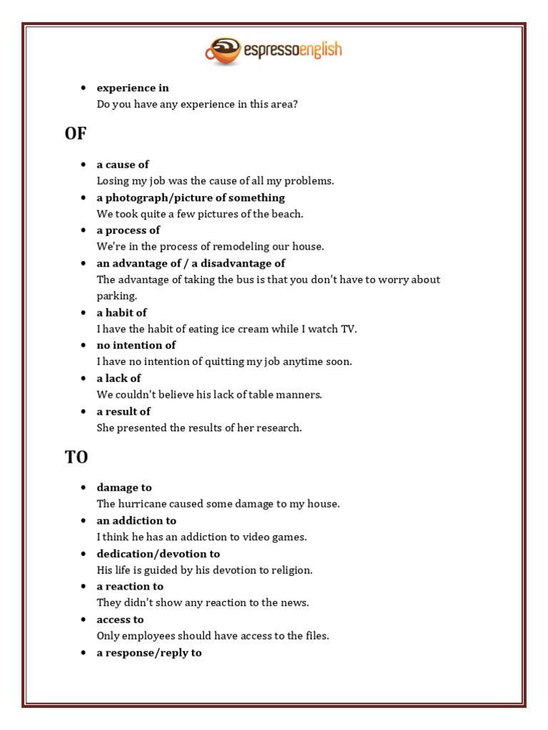 Noun Preposition Combinations in English 2 | PDF