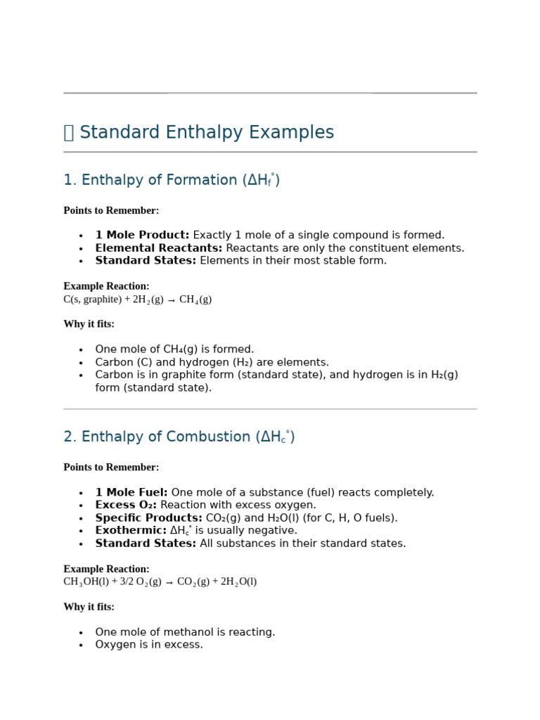 📘 Standard Enthalpy Examples: 1. Enthalpy of Formation (ΔH) | PDF