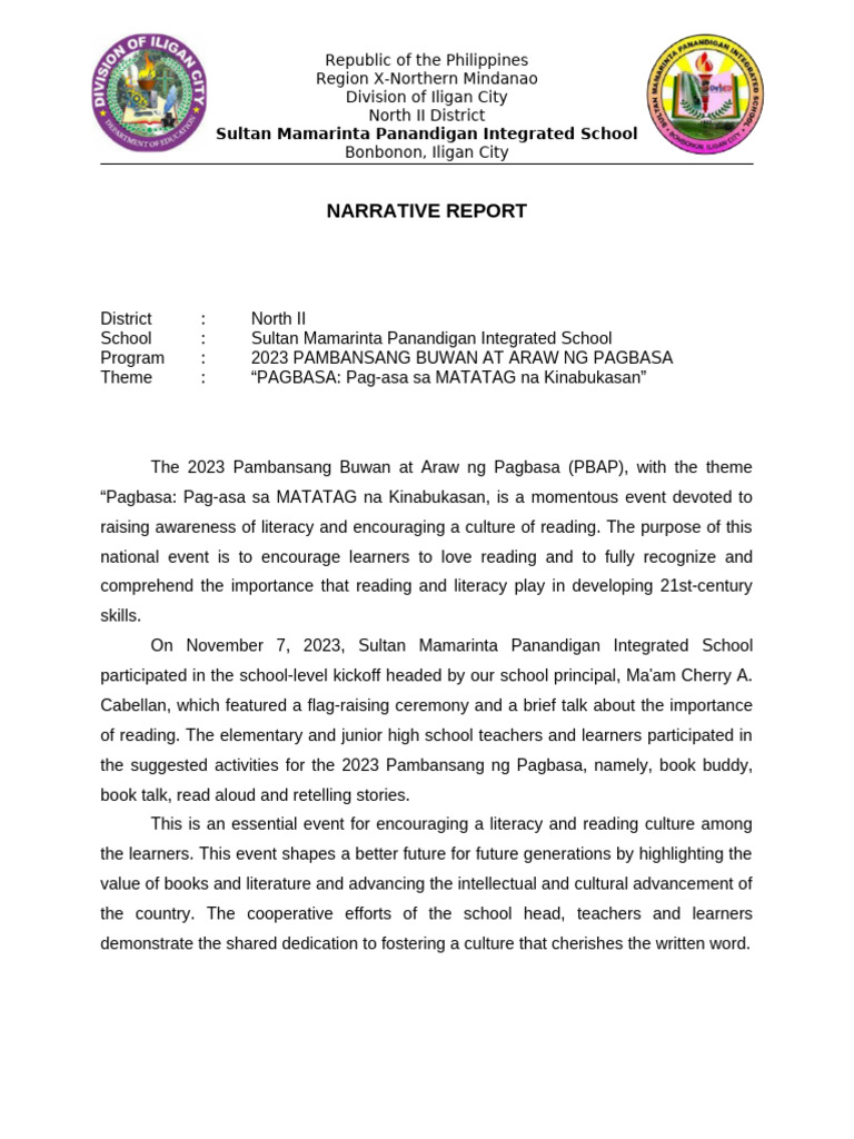 Smpis 2023 Pbap Narrative Report | PDF | Literacy | Communication