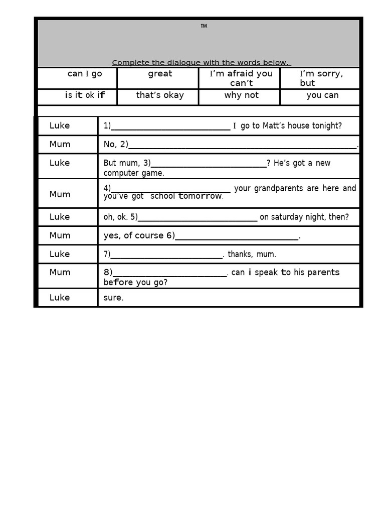 Complete The Dialogue With The Words Below | PDF