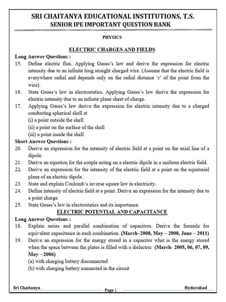 SR - Physics Question Bank | PDF | Electric Field | Capacitor