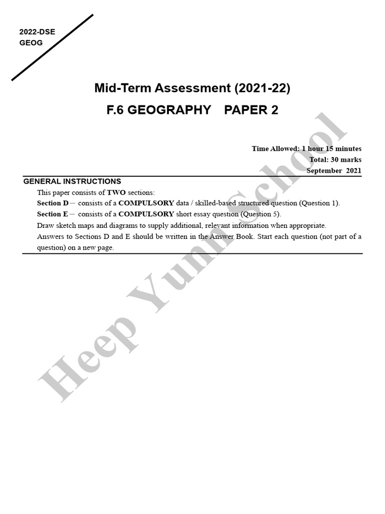 Hys 202122 Form 6 DSE Geog Mid Term Assessment Paper 2 - Questions ...