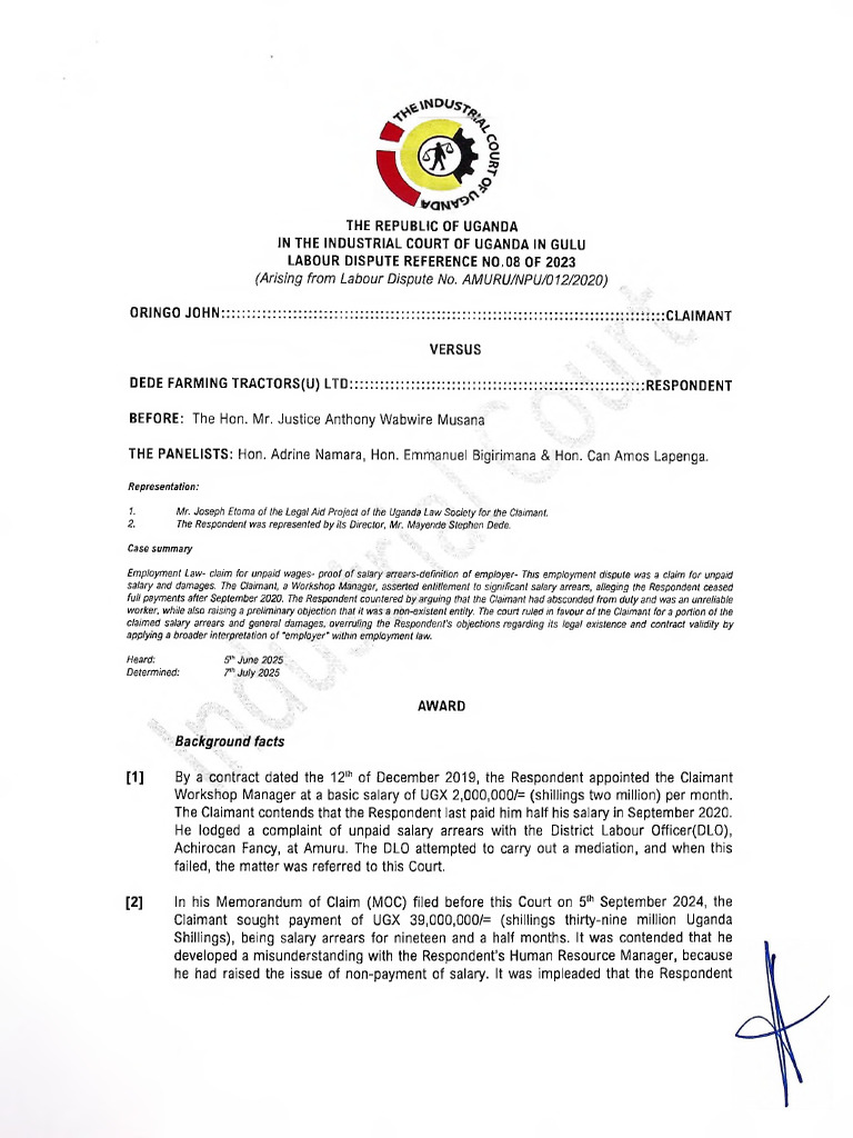 Oringo V Dede Farming Tractors Uganda Limited 2025 UGIC 47 (7 July 2025 ...