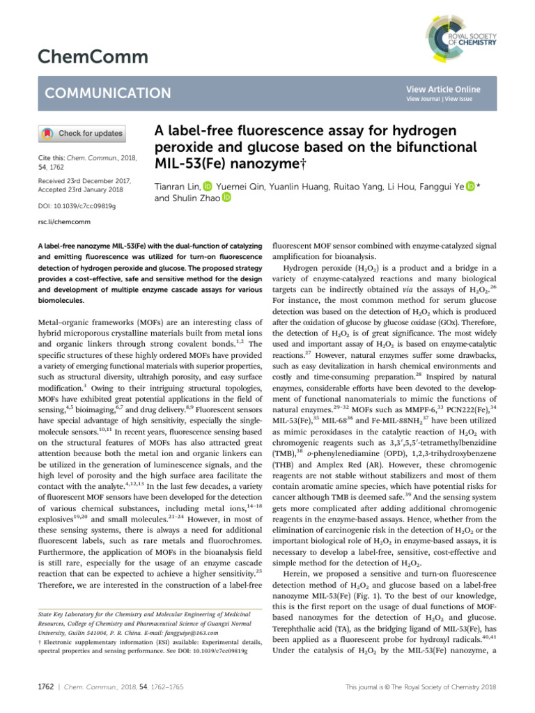 A Label-Free Fluorescence Assay For Hydrogen Peroxide and Glucose Based ...