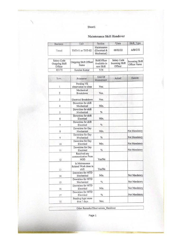 Maintenance Shift Handover | PDF