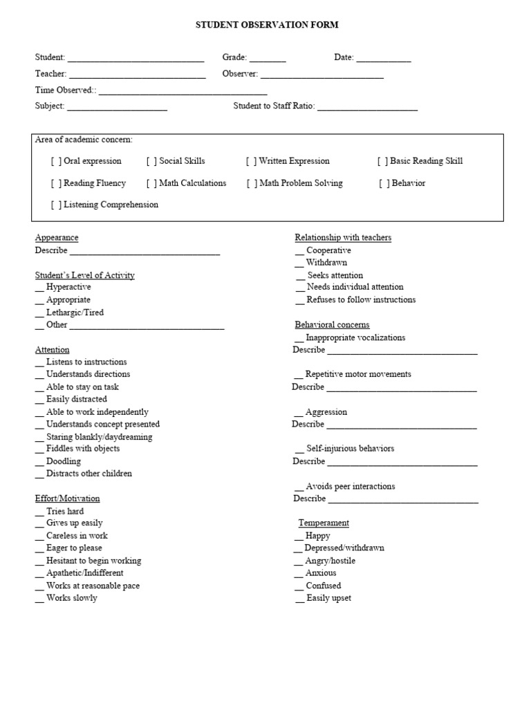 Student Observation Form | PDF | Classroom | Learning